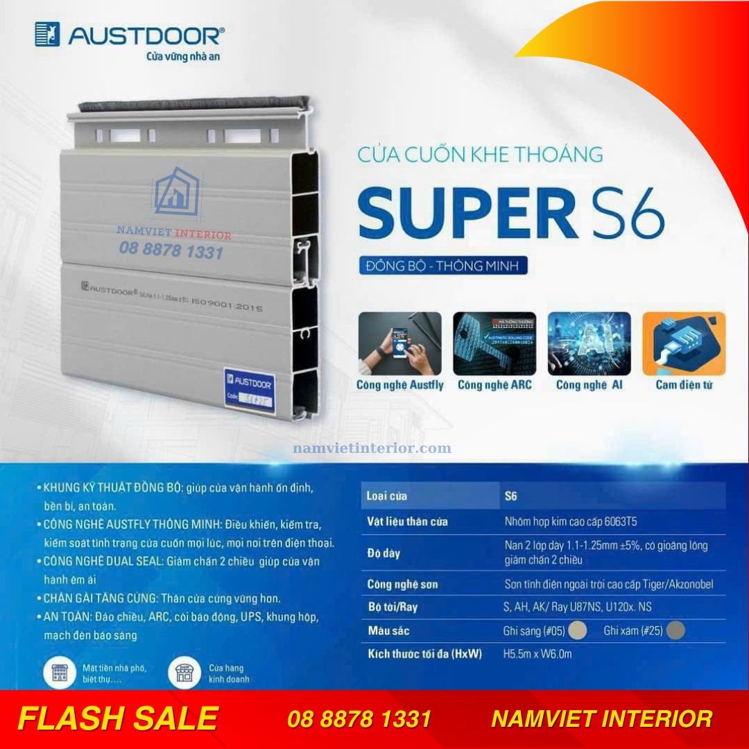 Cửa cuốn khe thoáng Austdoor SUPER S6 |Độ dày 1.1 - 1.25mm| - Nan 2 lớp, ron giảm chiều 2 lớp ...